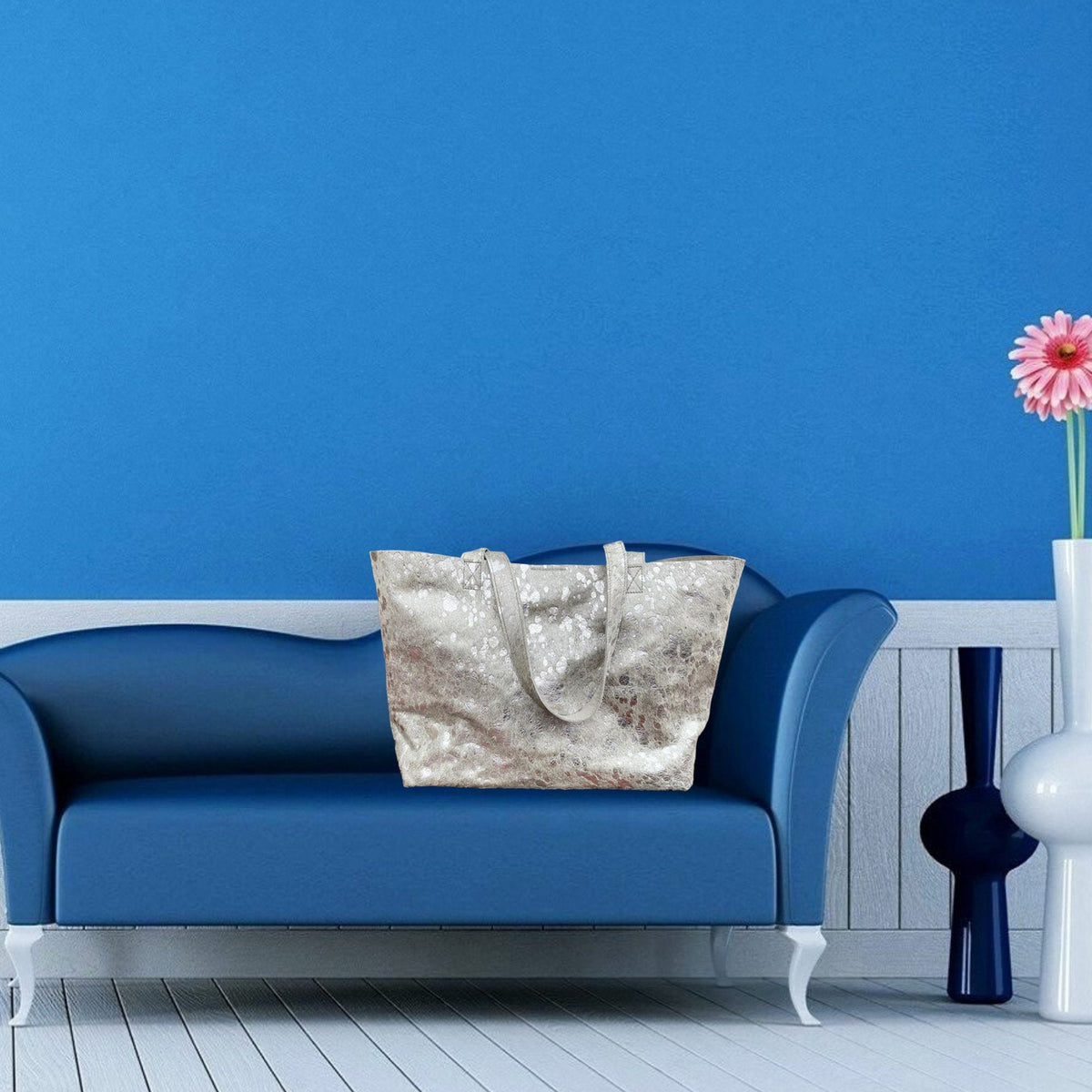 Extra large silver metallic cowhide leather bag 23”x 13”, Oversized wo ...